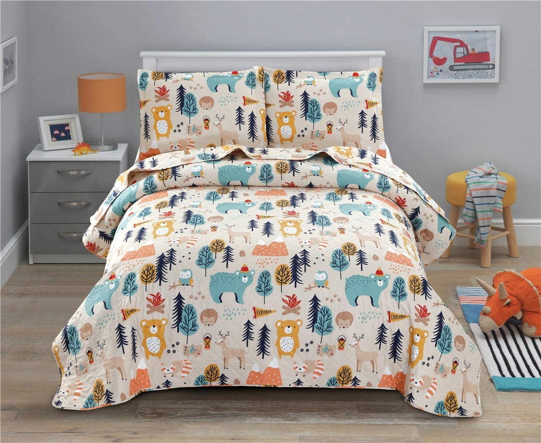 Smuge Kids Quilt Bedspreads Full/Queen Size Bear Bedding Set, 3Pcs Forest Trees Animals ...