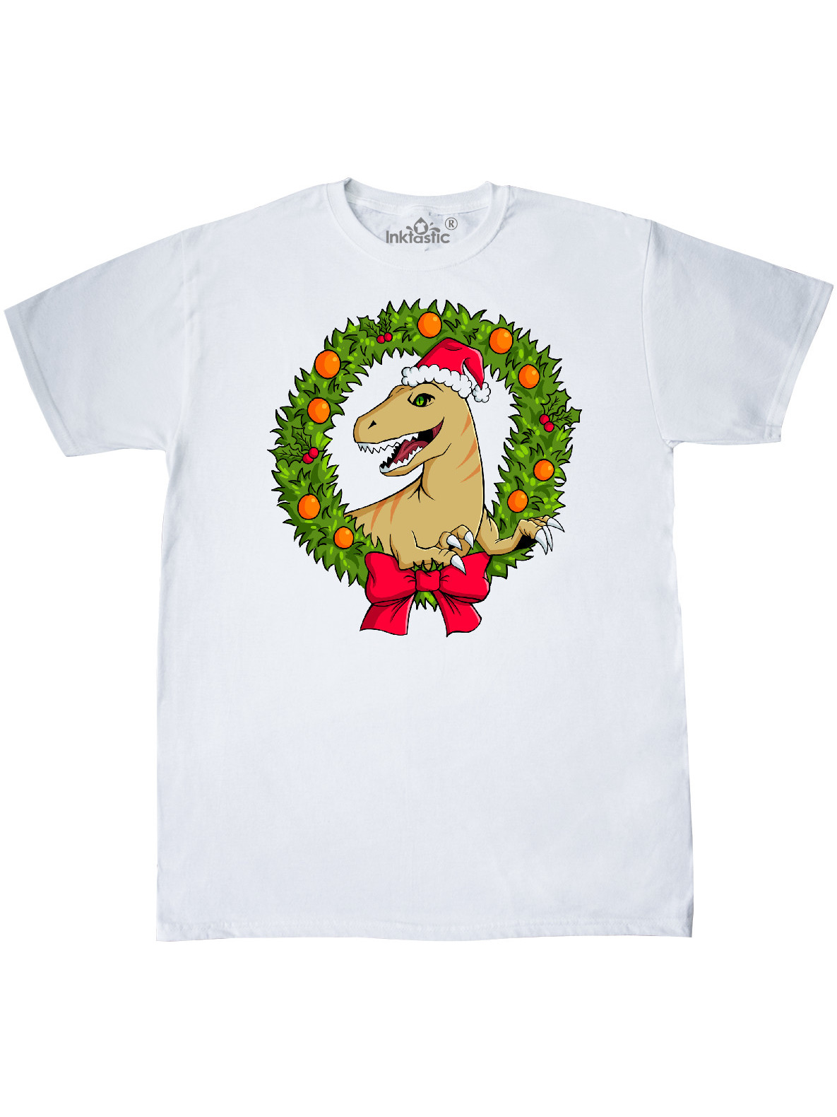 Inktastic Christmas Raptor in Santa Hat with Wreath T-Shirt - Walmart.com