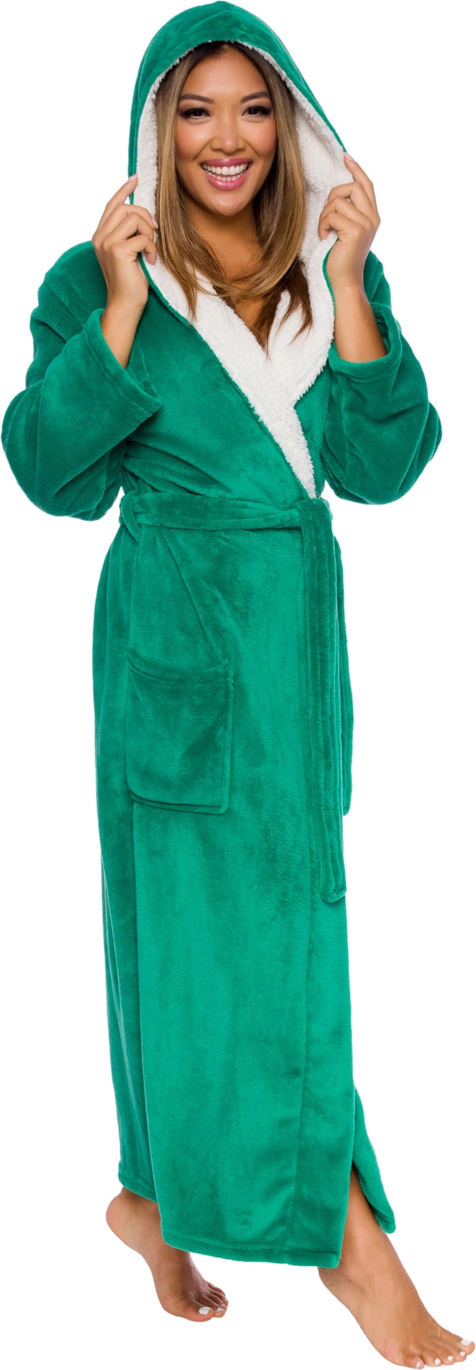 Silver Lilly Womens Sherpa Trim Fleece Robe with Hood - Full Length Warm Plush Luxury Bathrobe ...