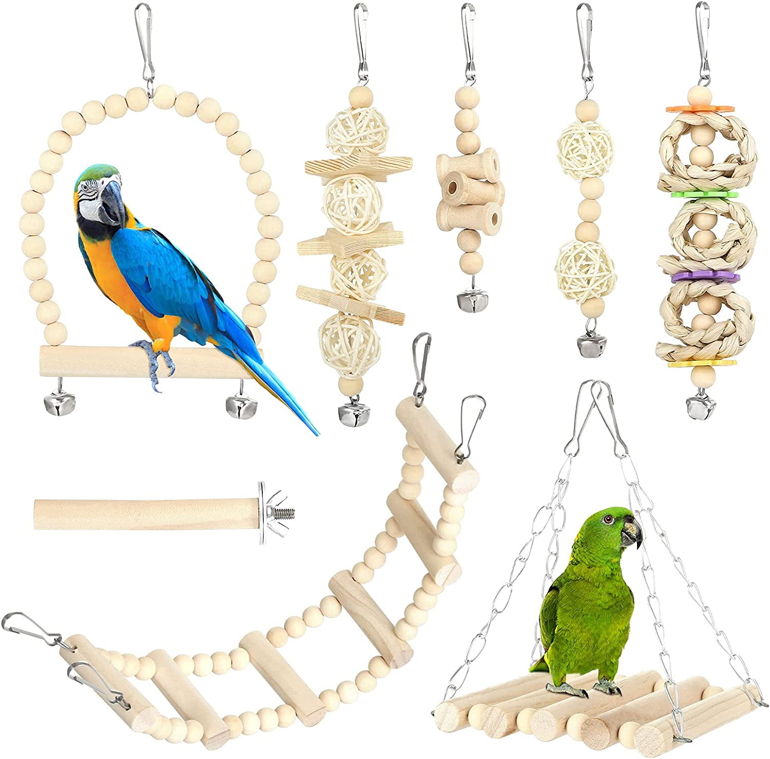 Naler 8 Pcs Bird Parrot Toys,Swing Chewing Hanging Standing Wooden Toys ...