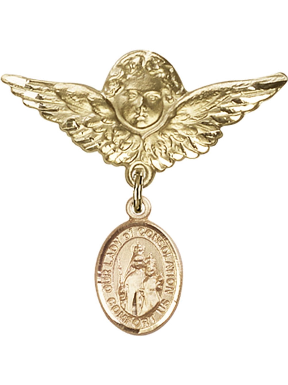 Gold Filled Baby Badge with Our Lady of Consolation Charm and Angel w ...