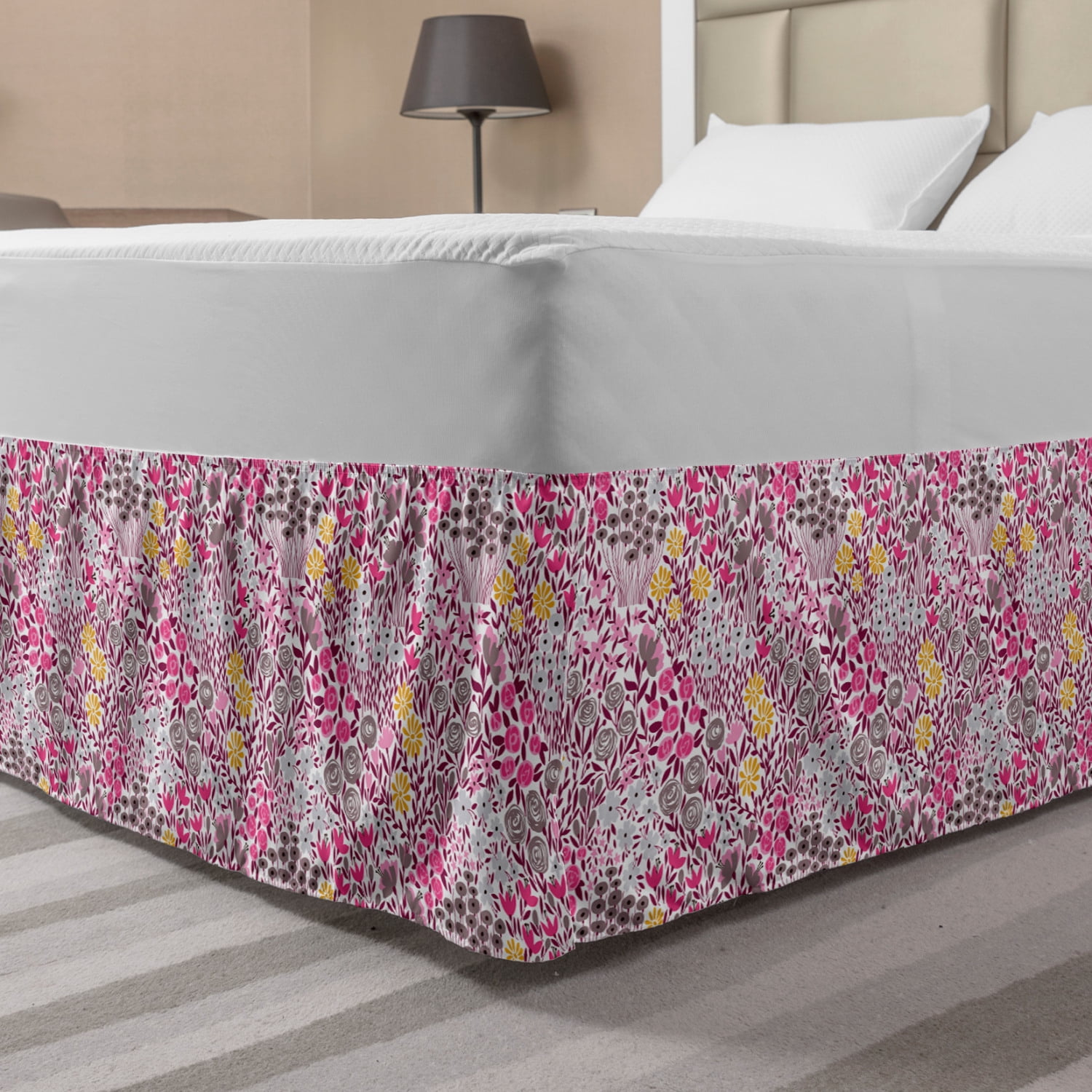 Pink Floral Bed Skirt, Abstract Garden with Various Flowers Blossom ...