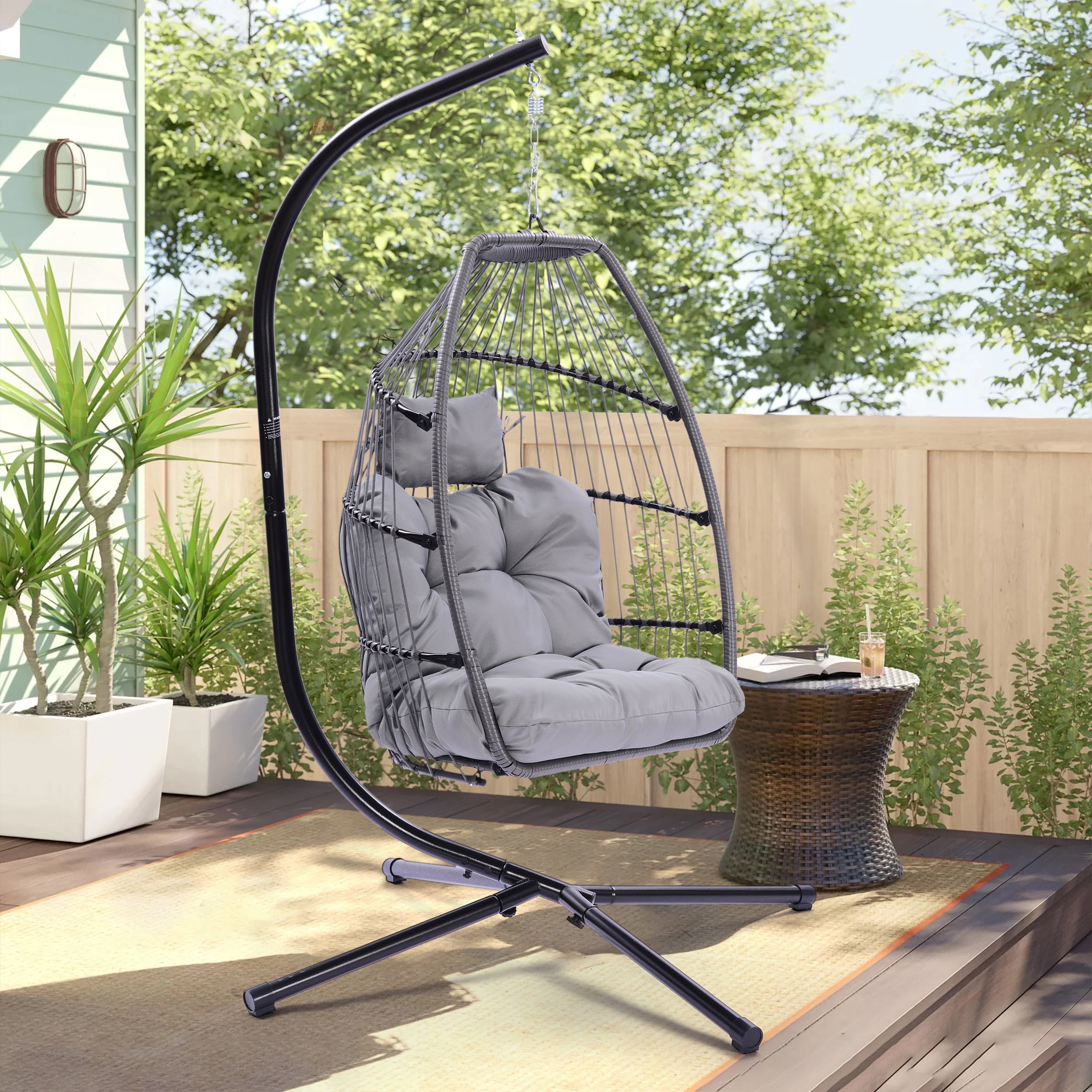 Only Choice Indoor/Outdoor Wicker Hanging Egg Chair, Grey, with Stand ...