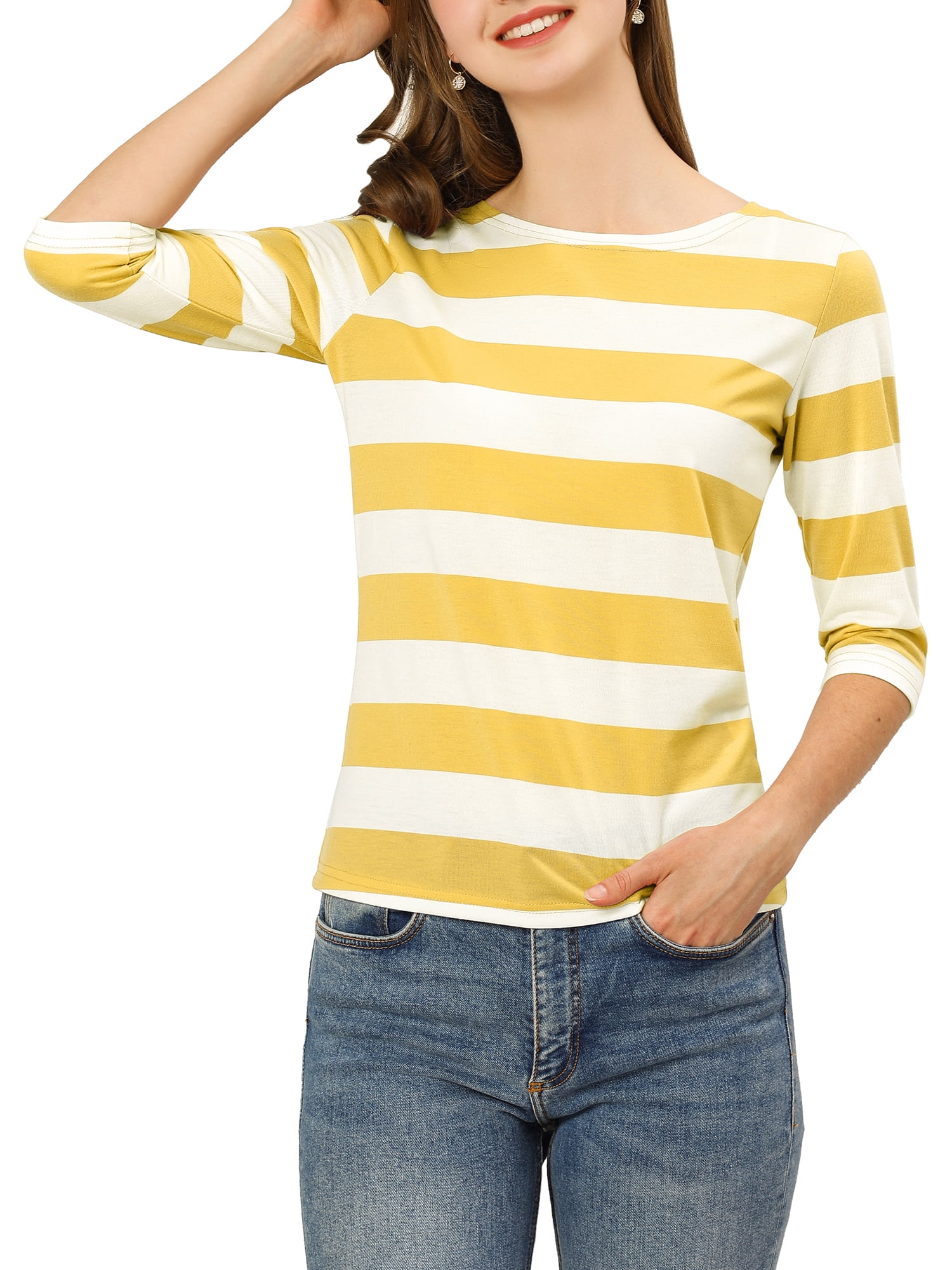 Allegra K Womens Casual Boat Neck Elbow Sleeves Slim Fit Stripes T