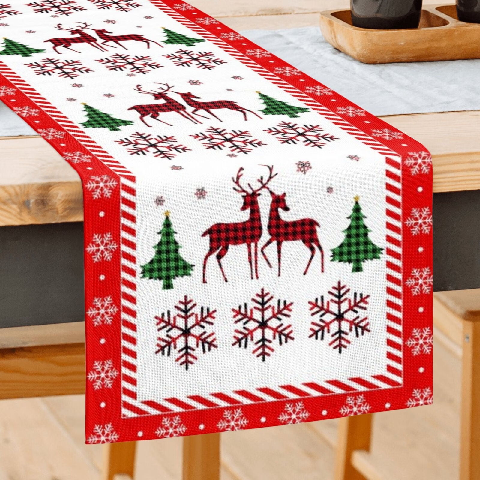Christmas Table Runner, Xmas Tree Elk Checkered Dining Table Runner ...