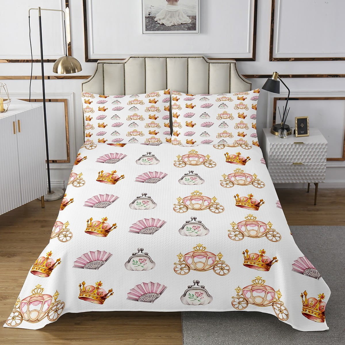 YST Girls Princess Bedspread Set Queen Princess Carriage Fan Crown ...