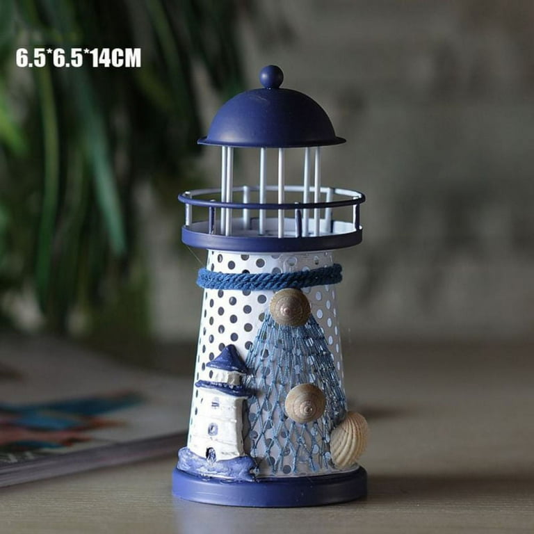 Blue Lighthouse Candle Holder 14cm Lighthouse Iron Candle Holder
