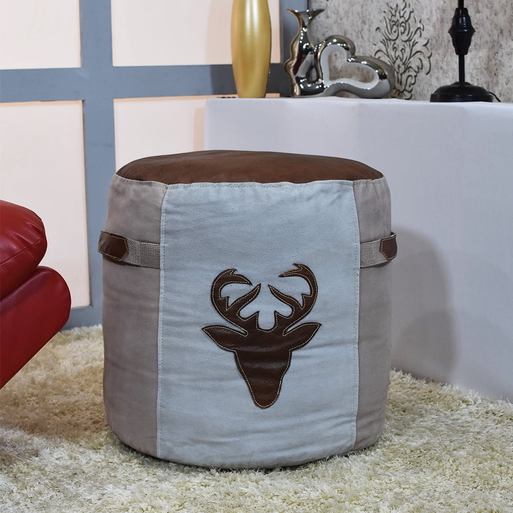 Modern Handmade Canvas with leather Round Pouf in Beige Gray Color ...