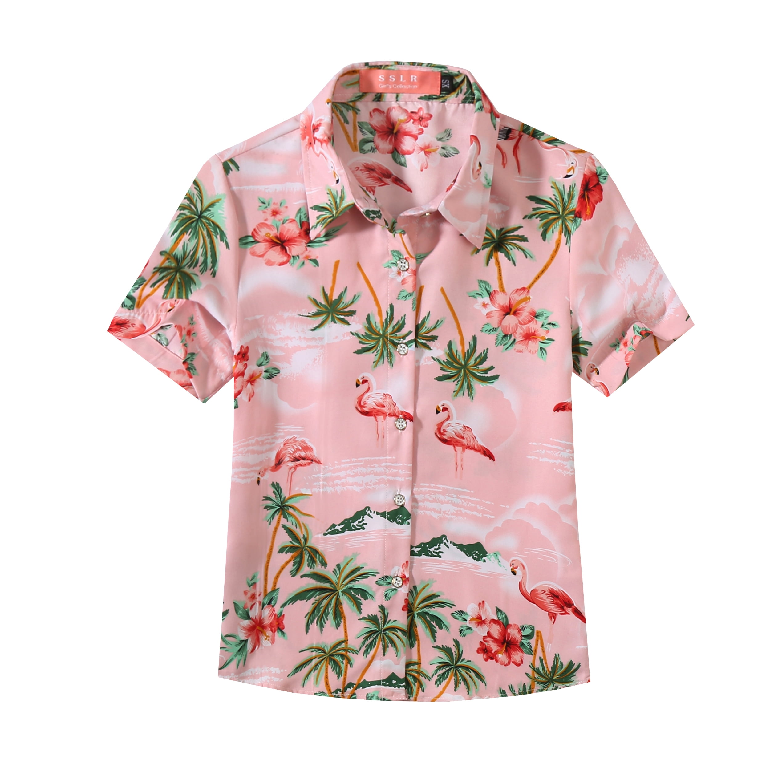 SSLR Youth Big Girls Flamingo Hawaiian Shirt Casual Short Sleeve Button ...