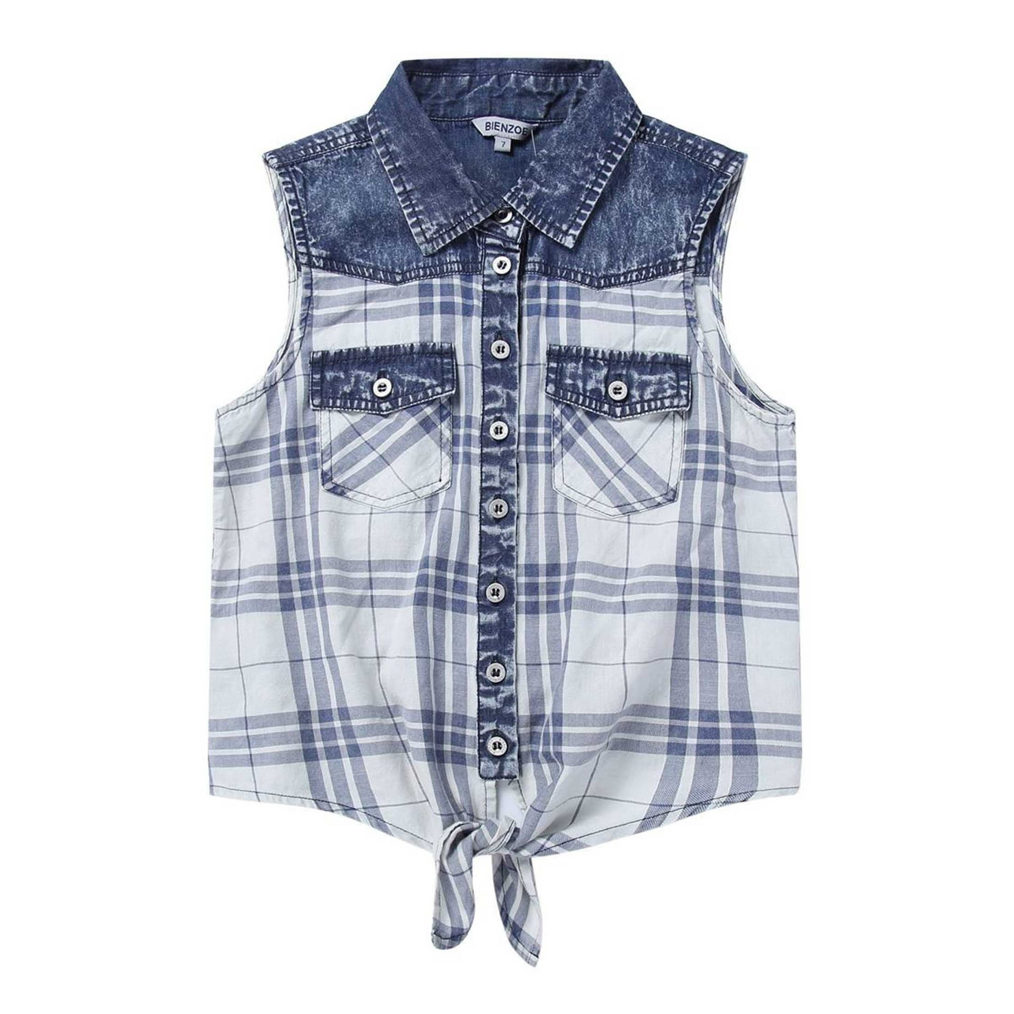 Click here for Bienzoe Girls Plaid Denim Sleeveless Blouse Casual... prices