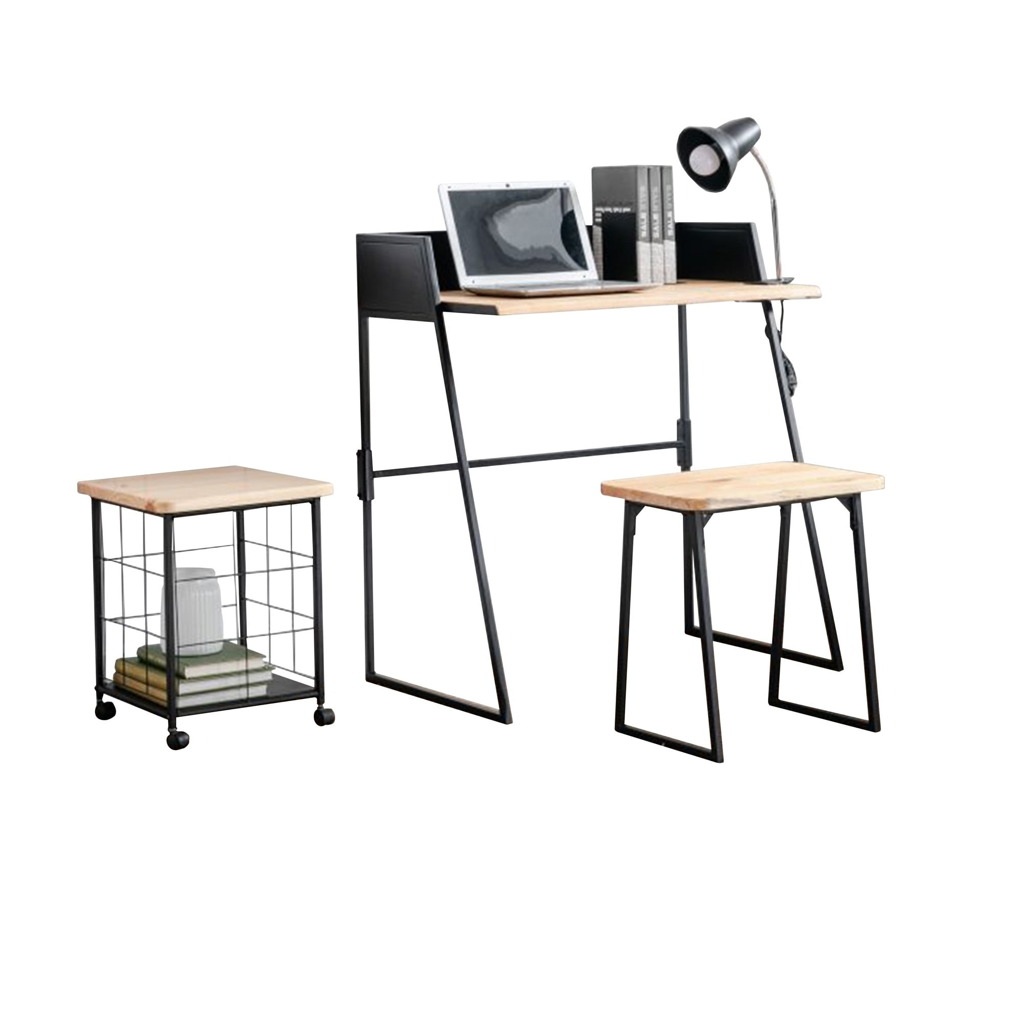 2 Piece Desk Set with Bench, Wood and Metal, Natural Brown and Black ...