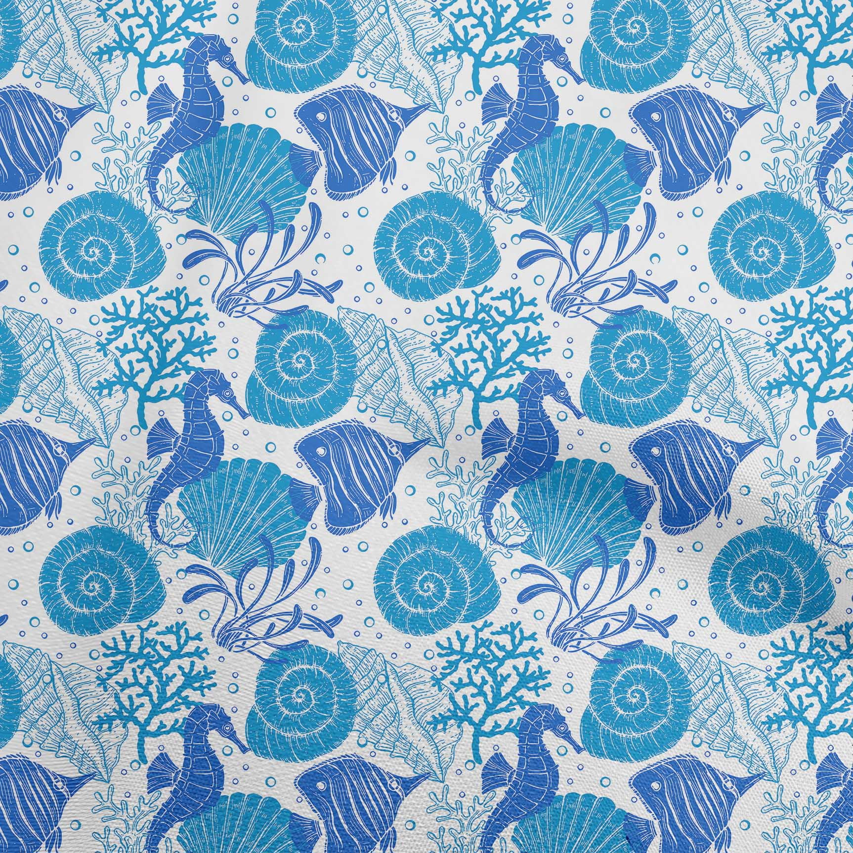 oneOone Cotton Silk Medium Blue Fabric Ocean Underwater Life Sewing ...