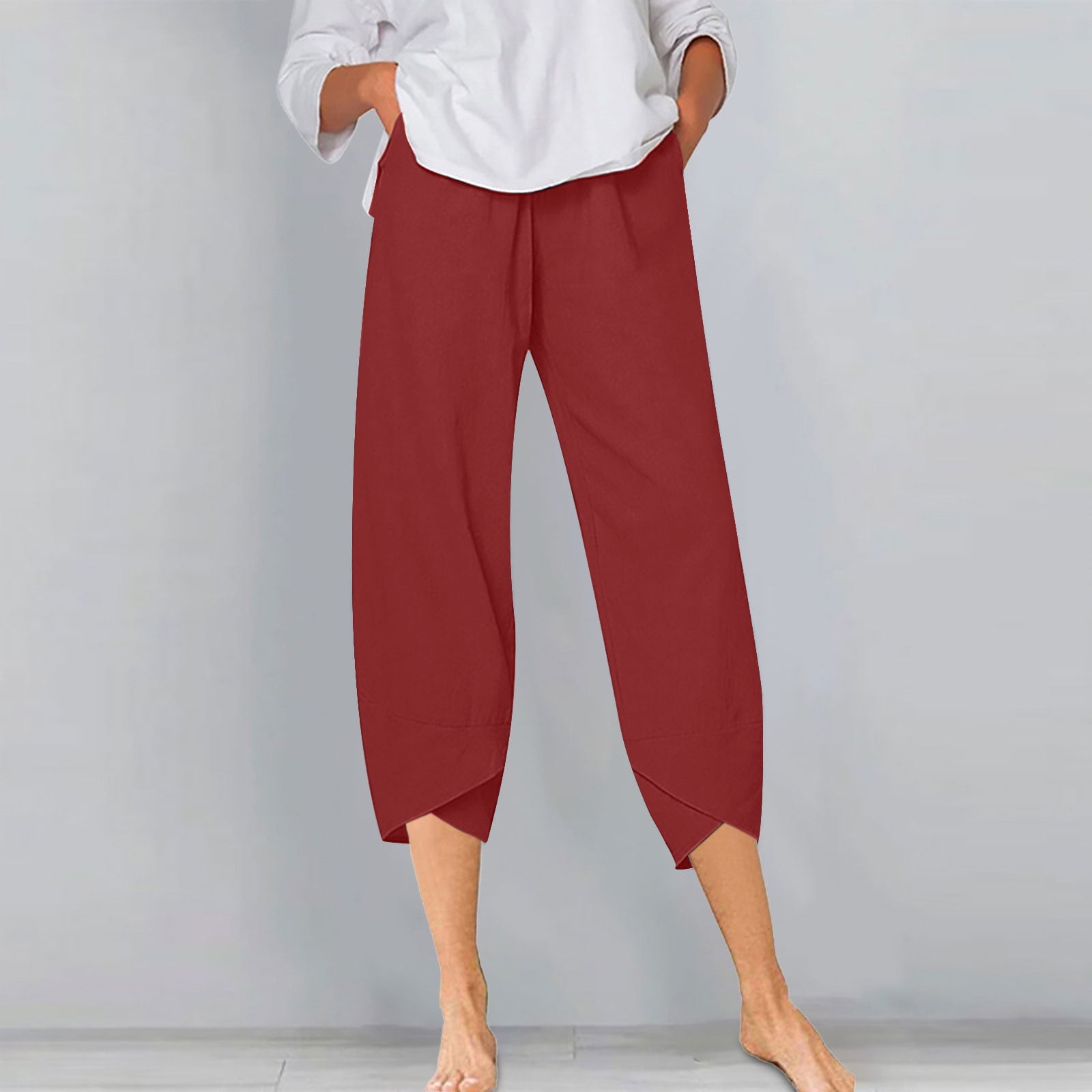 Linen Pants Women Summer Bohemian Beach Plus Size Pockest Elastic Waist