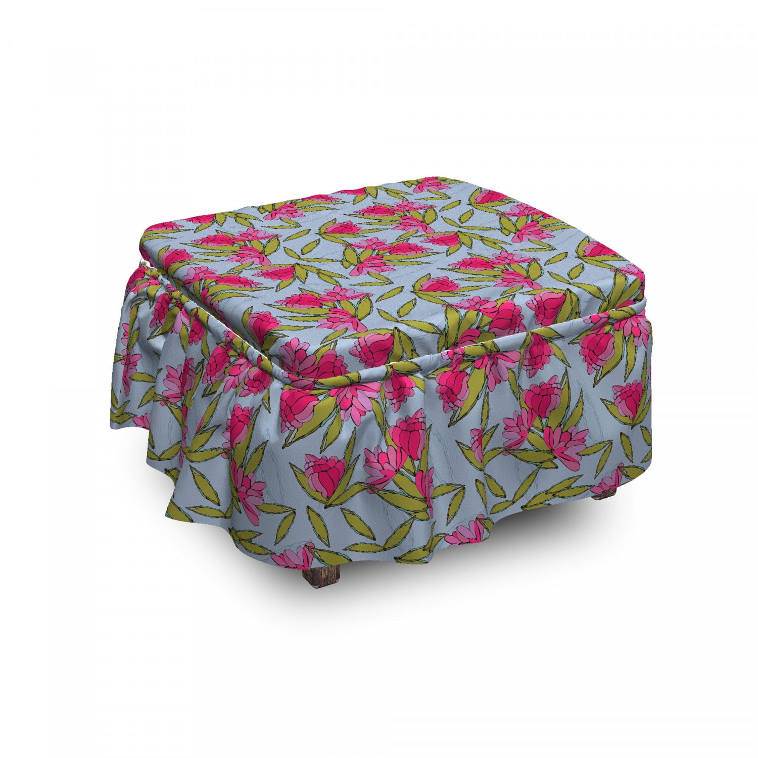 Floral Ottoman Cover, Cartoon Style Flowers Design, 2 Piece Slipcover ...