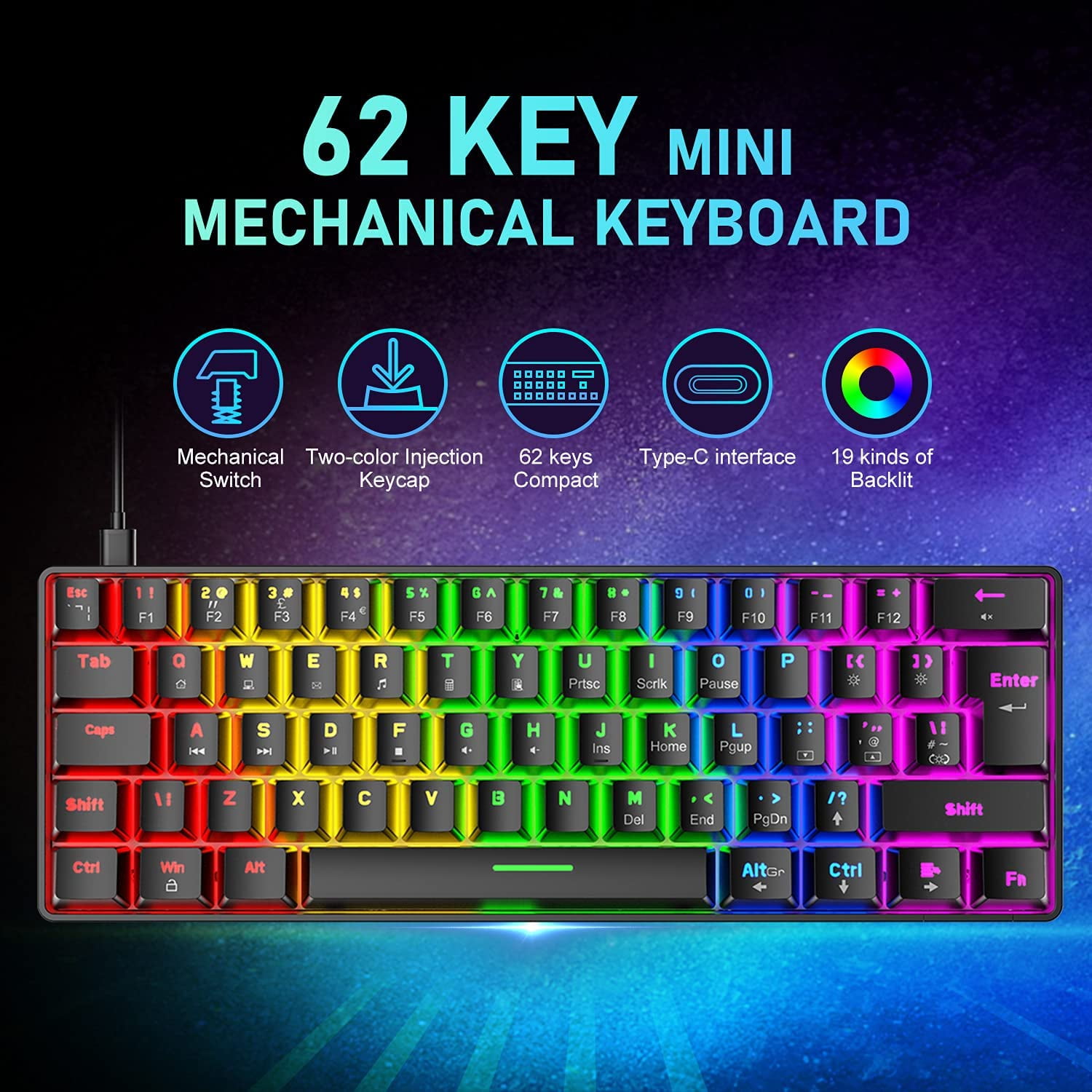Buy ZIYOULANG 60% Mechanical Keyboard Compact 62 Keys Wired USB C 19 ...