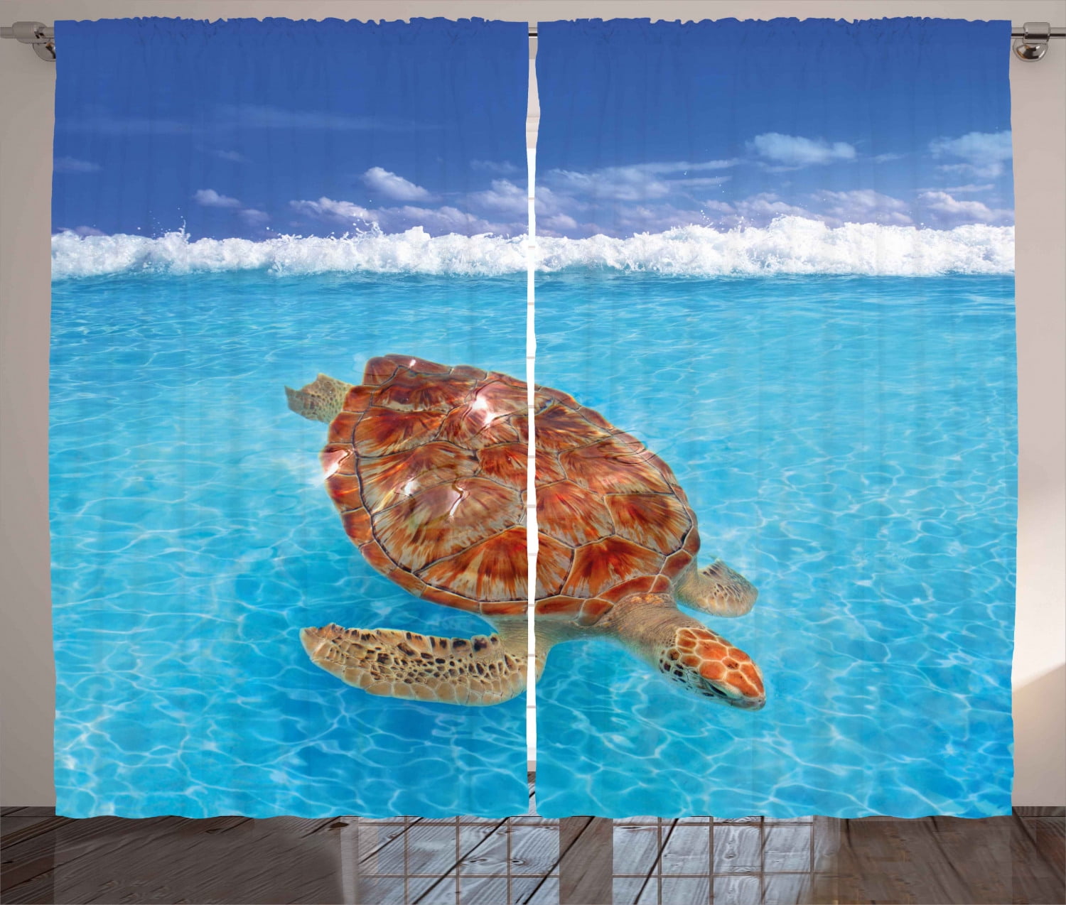 Turtle Curtains 2 Panels Set, Sea Turtle Chelonia Mydas on Water ...