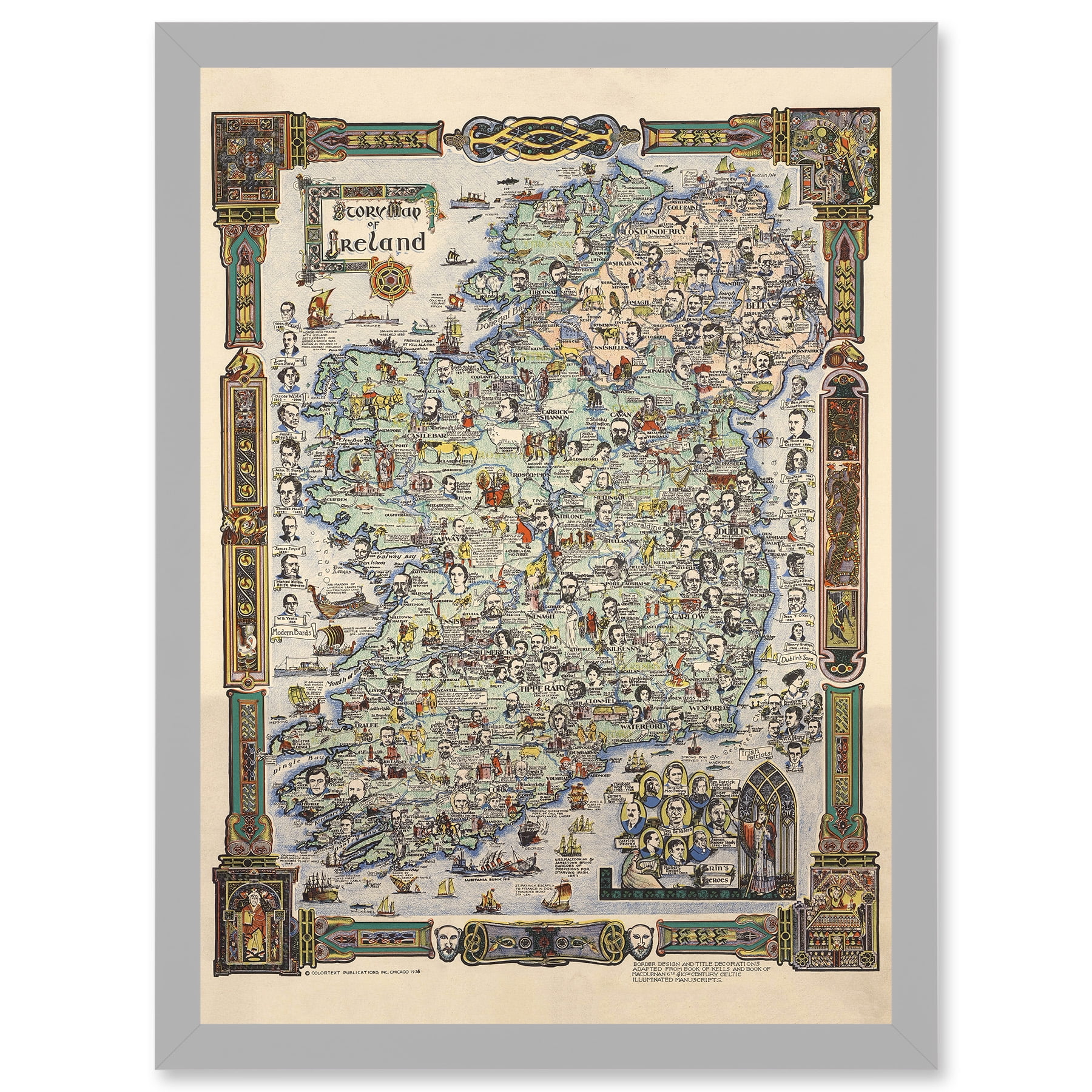 Story Map of Ireland Colortext 1936 Historic Pictorial Artwork Framed ...