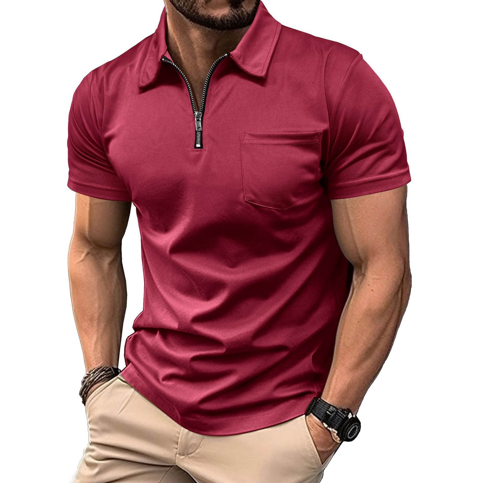 Click here for Rkstn Mens Solid Color Short-Sleeved Lapel Zipper... prices