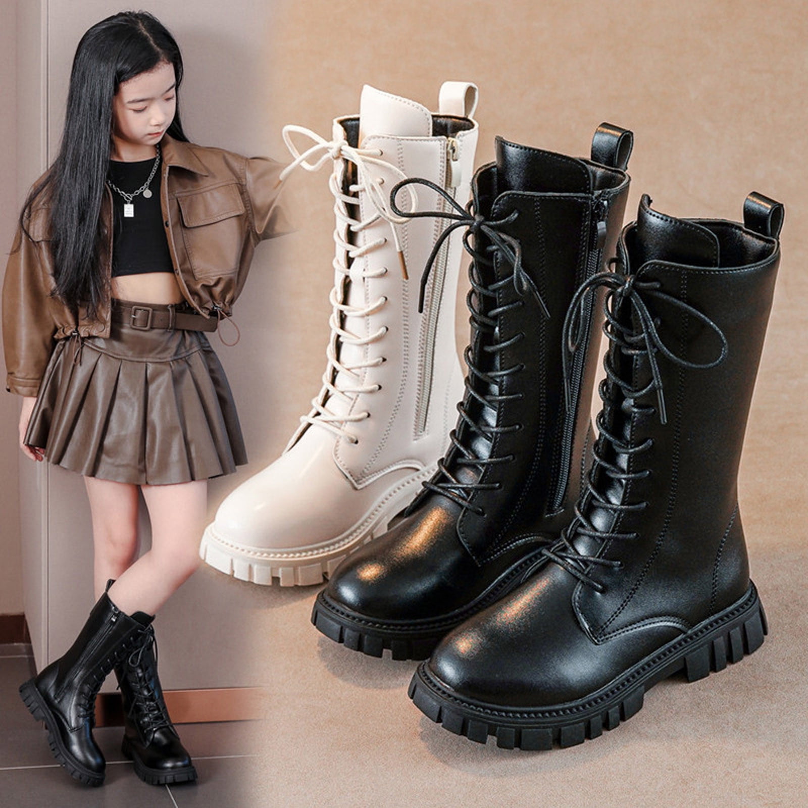 Click here for Haimao Girls Mid Calf Combat Boots Faux Leather La... prices