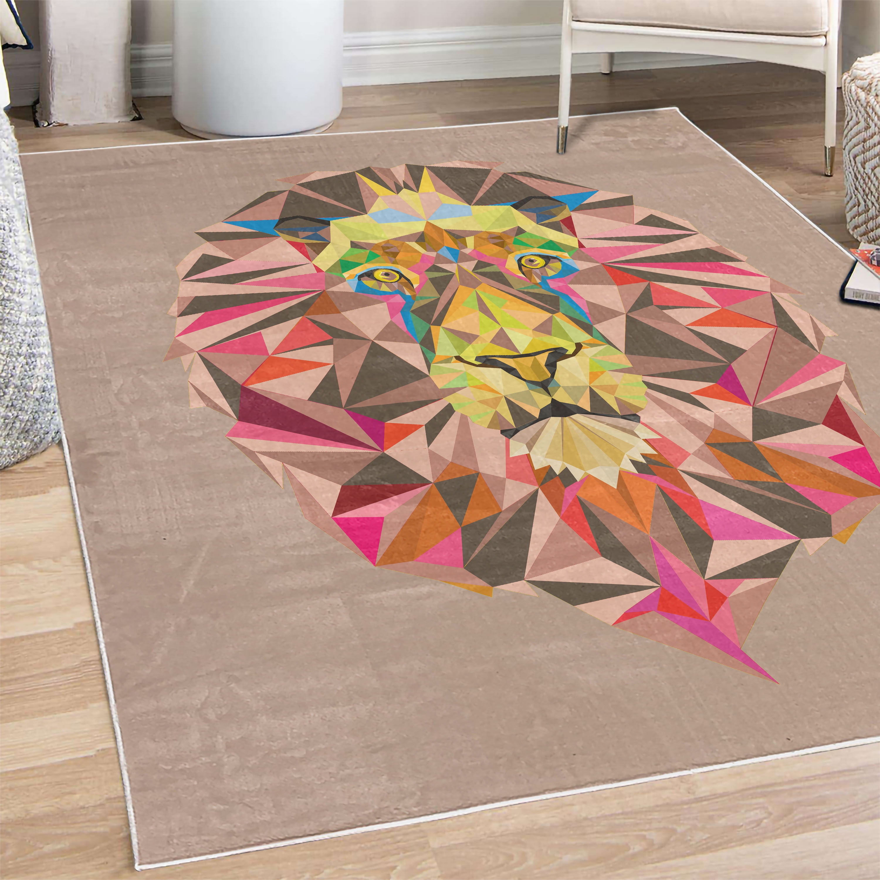 Zoo Decorative Rug, Colorful Animals Geometric Diamond Face Lions Mane ...