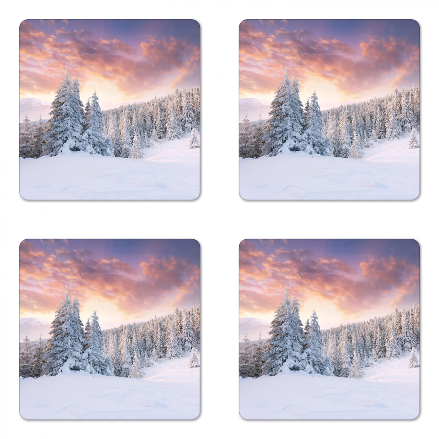 Winter Coaster Set of 4, Sunrise in Winter Landscape Snowy Fields ...