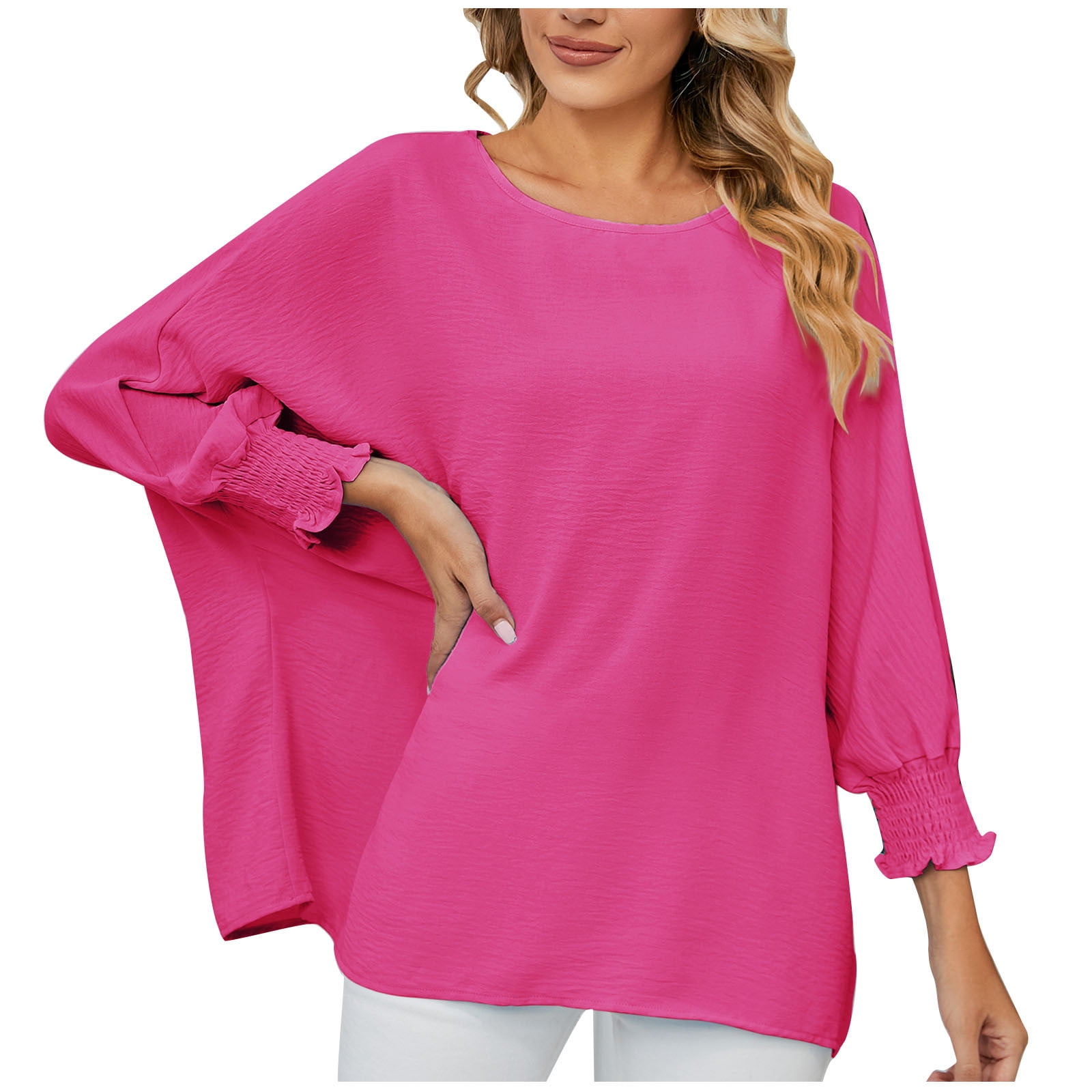 Hfyihgf Womens Blouses Fashion Smocked Long Sleeve Round Neck Batwing ...