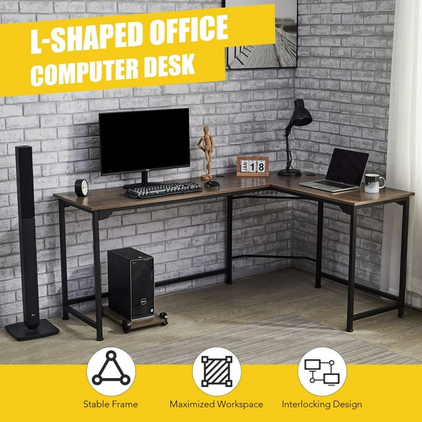 L Shaped Corner Desk with Computer Tower Shelf & Cable Management ...