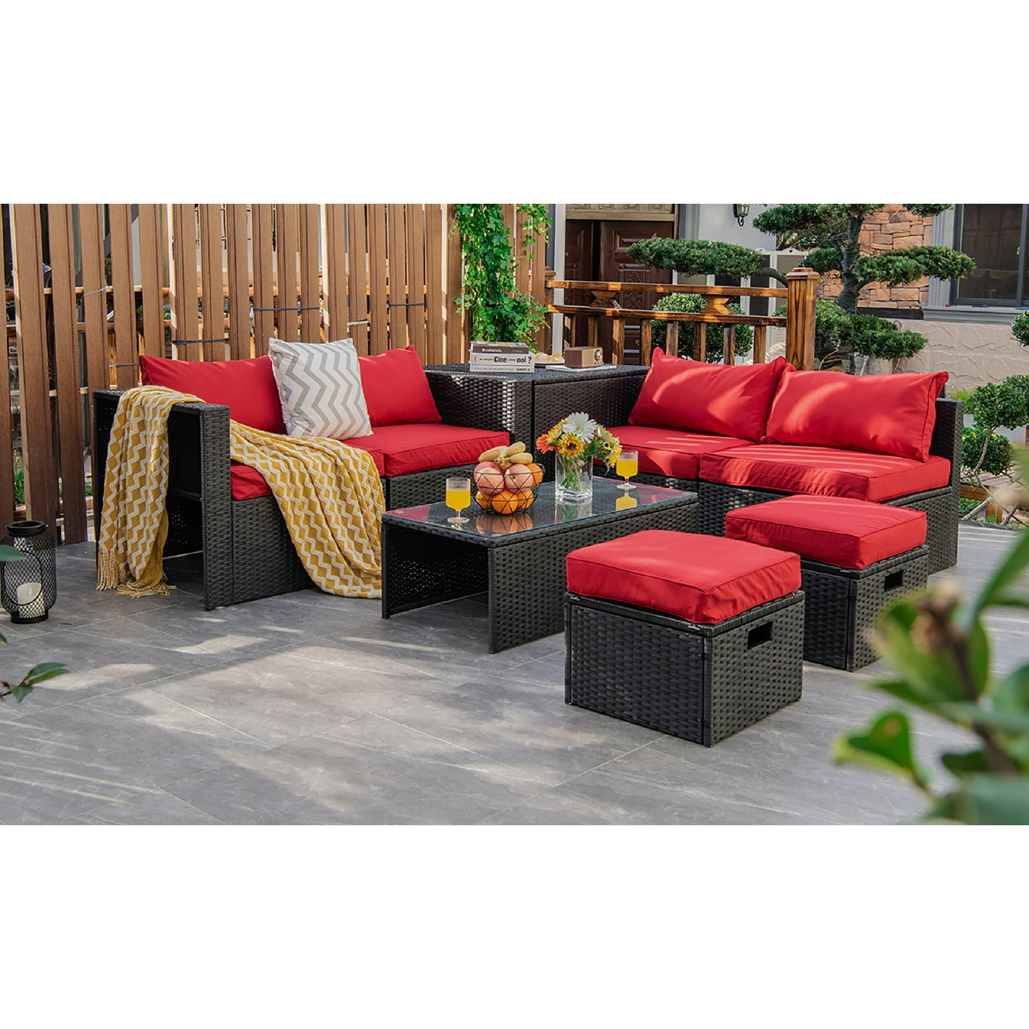 Costway 8pcs Patio Rattan Furniture Set Storage Table Ottoman Red Cover