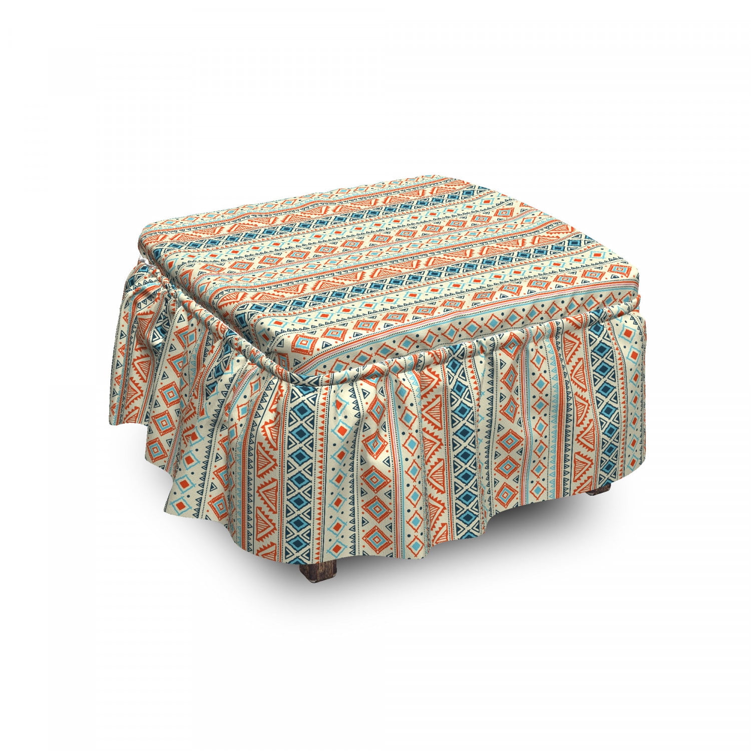 African Ottoman Cover, Folk Borders, 2 Piece Slipcover Set with Ruffle ...