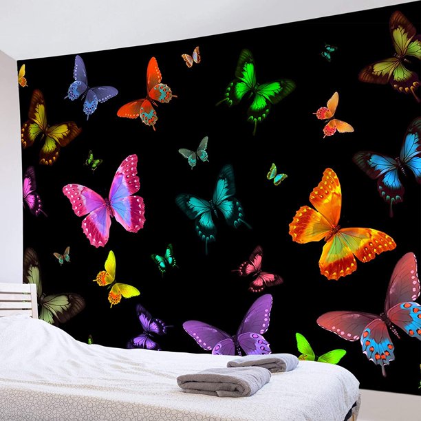 Trippy Butterfly Tapestry Wall Hanging Black Psychedelic Aesthetic ...
