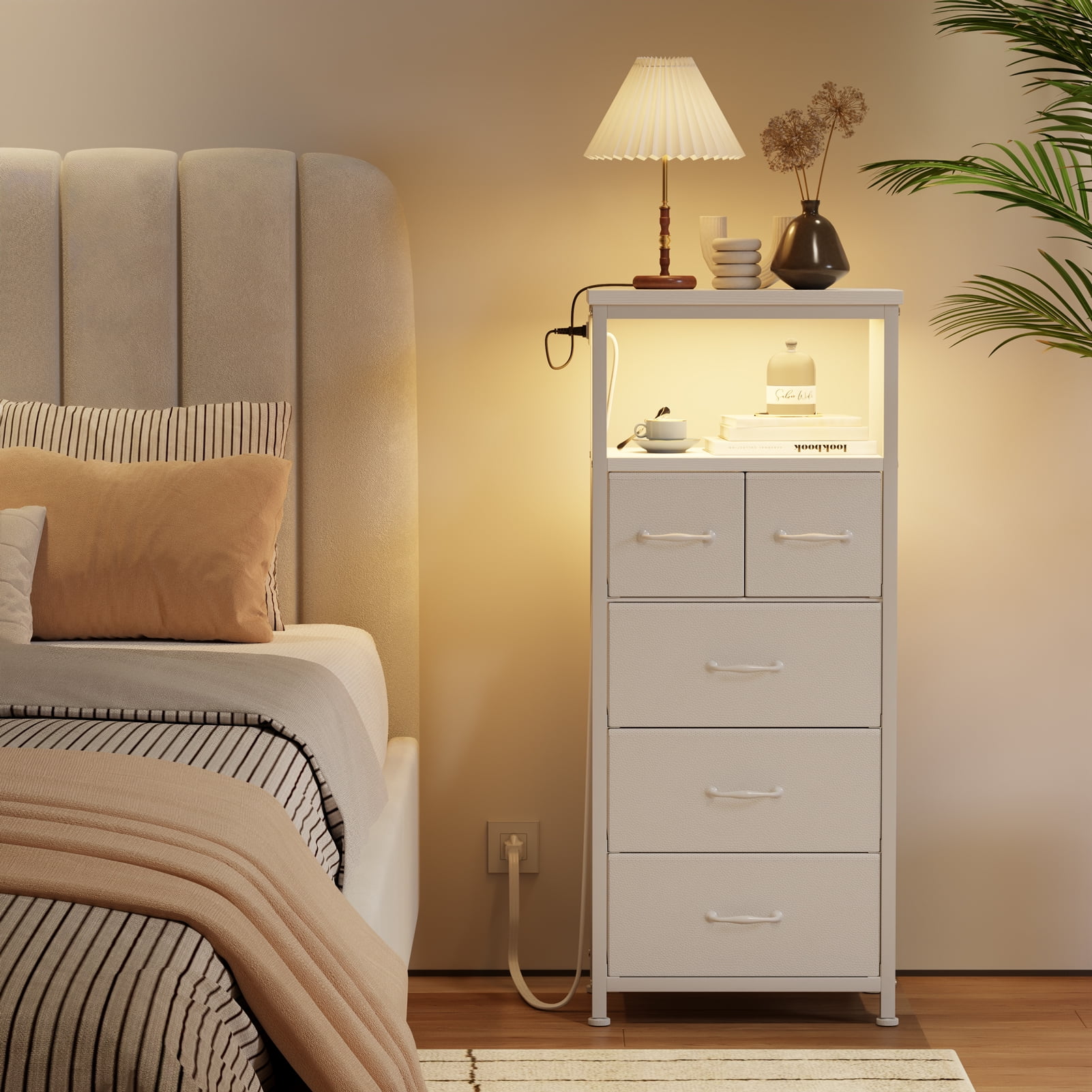 Satifur LED Dresser for Bedroom with Charging Station 5 Fabric Drawers Tall Nightstand Open Shelf White