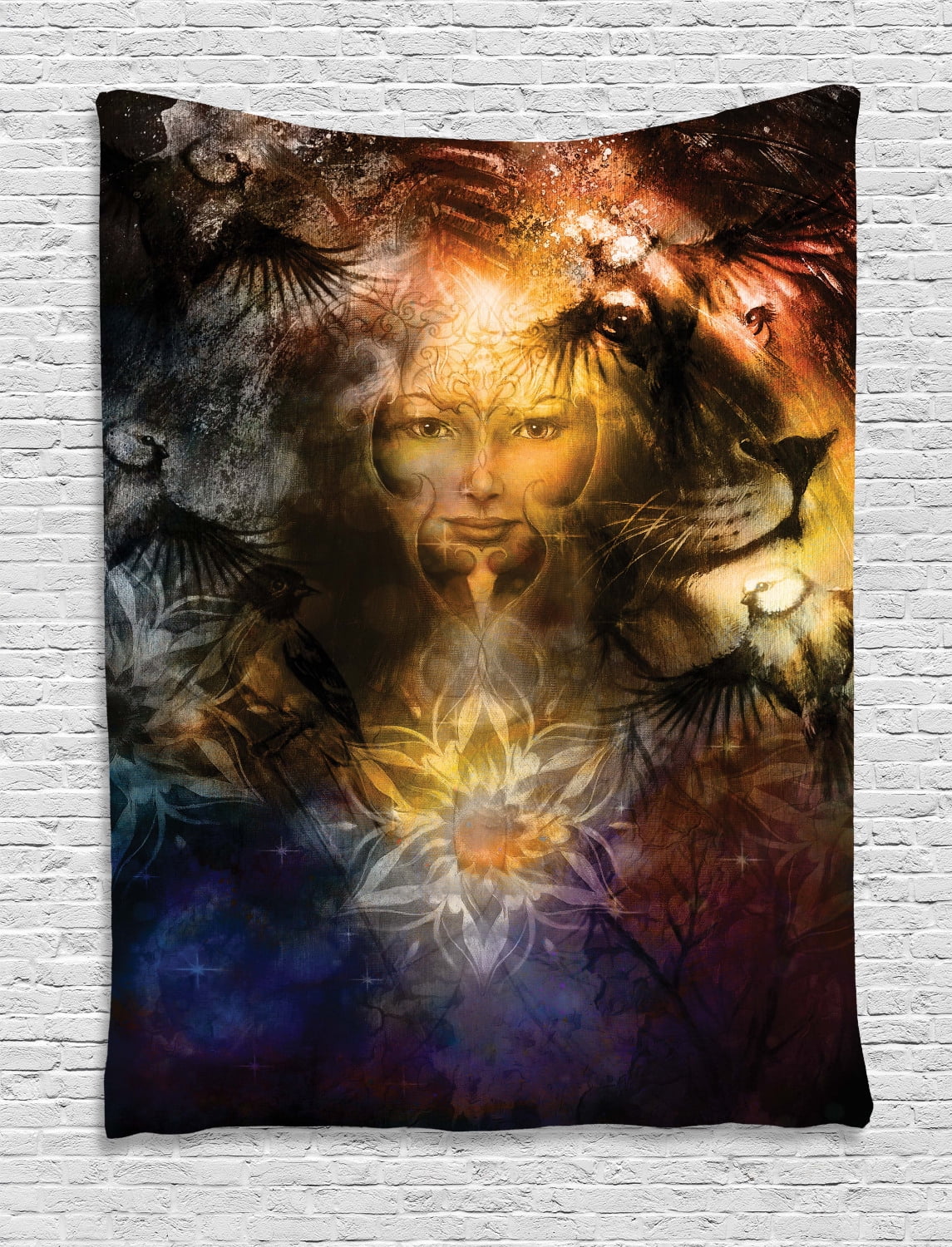 Fantasy Tapestry, Woman Portrait Lion and Flower Pattern Phoenix Bird ...