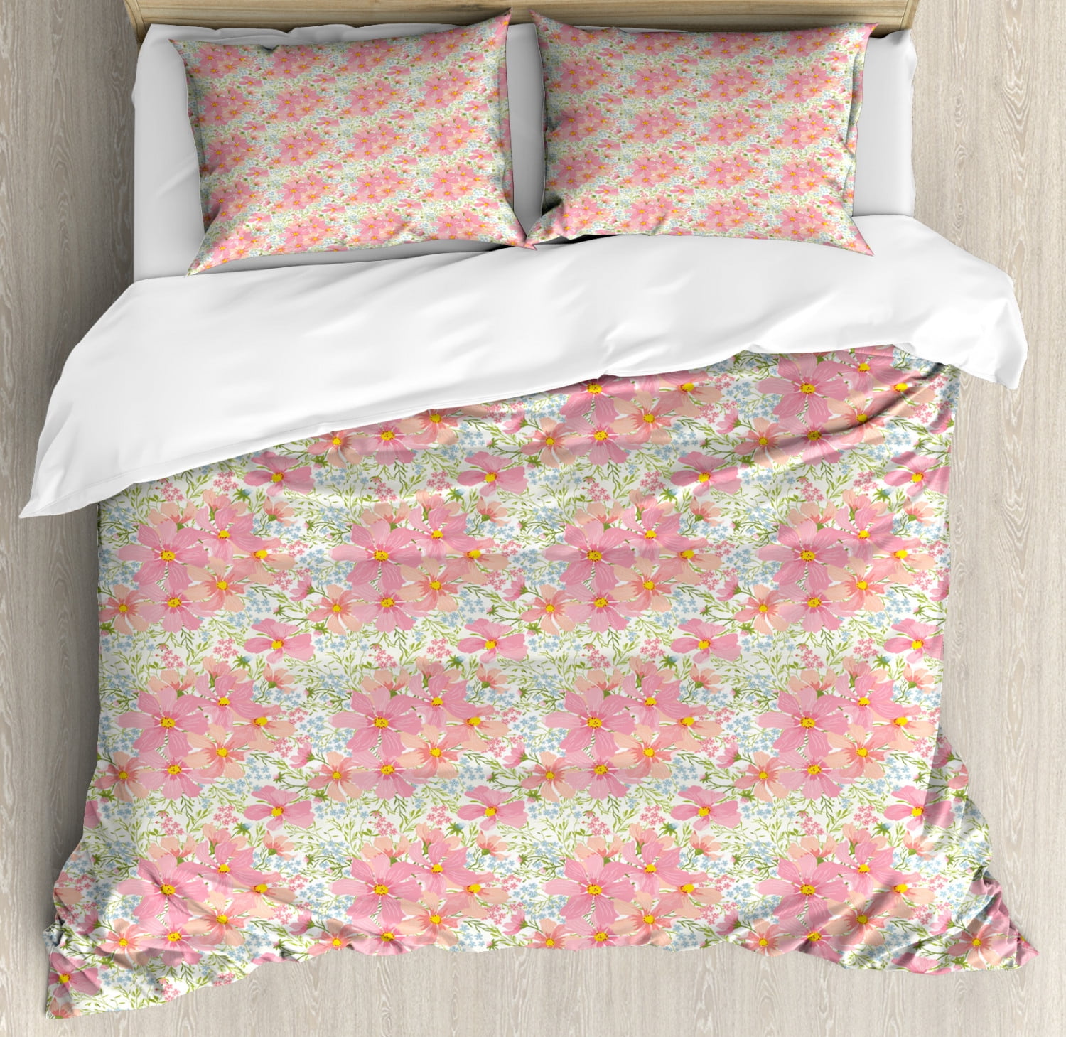 Spring Duvet Cover Set King Size, Flowers and Herbs Illustration in ...