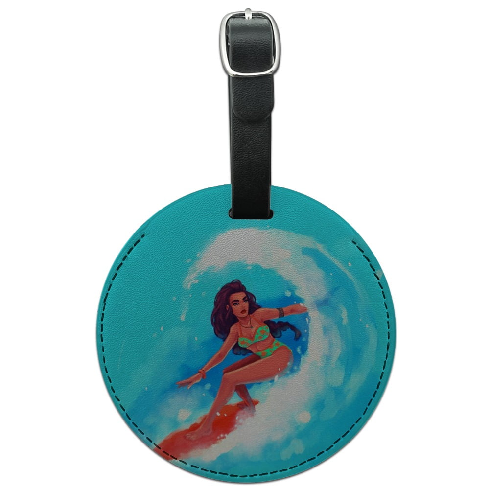Surfer Girl Surfing On Wave With Surfboard Round Leather Luggage Card ...