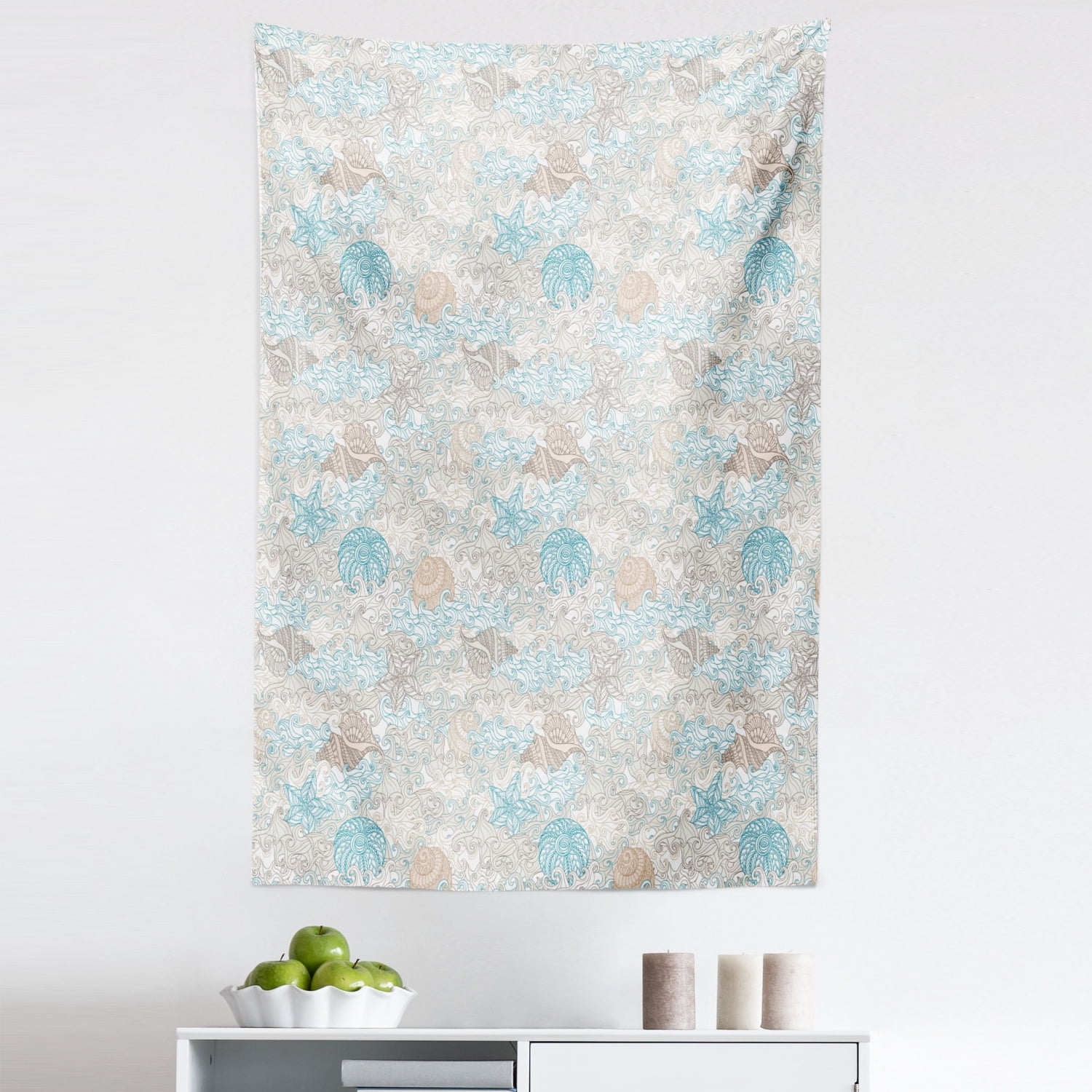 Nautical Tapestry, Pastel Toned Sea Shell Starfish Mollusk Seahorse ...