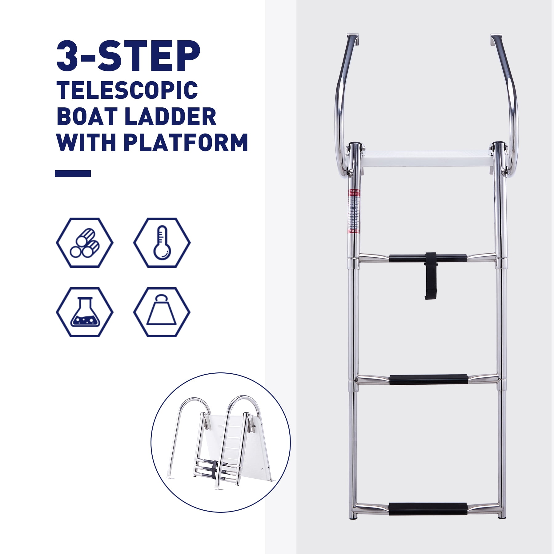 3 Step Telescopic Boat Ladder with Platform for Ship Pool Pontoon Dock ...