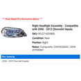 Right Headlight Assembly - Compatible with 2006 - 2013 Chevy Impala ...