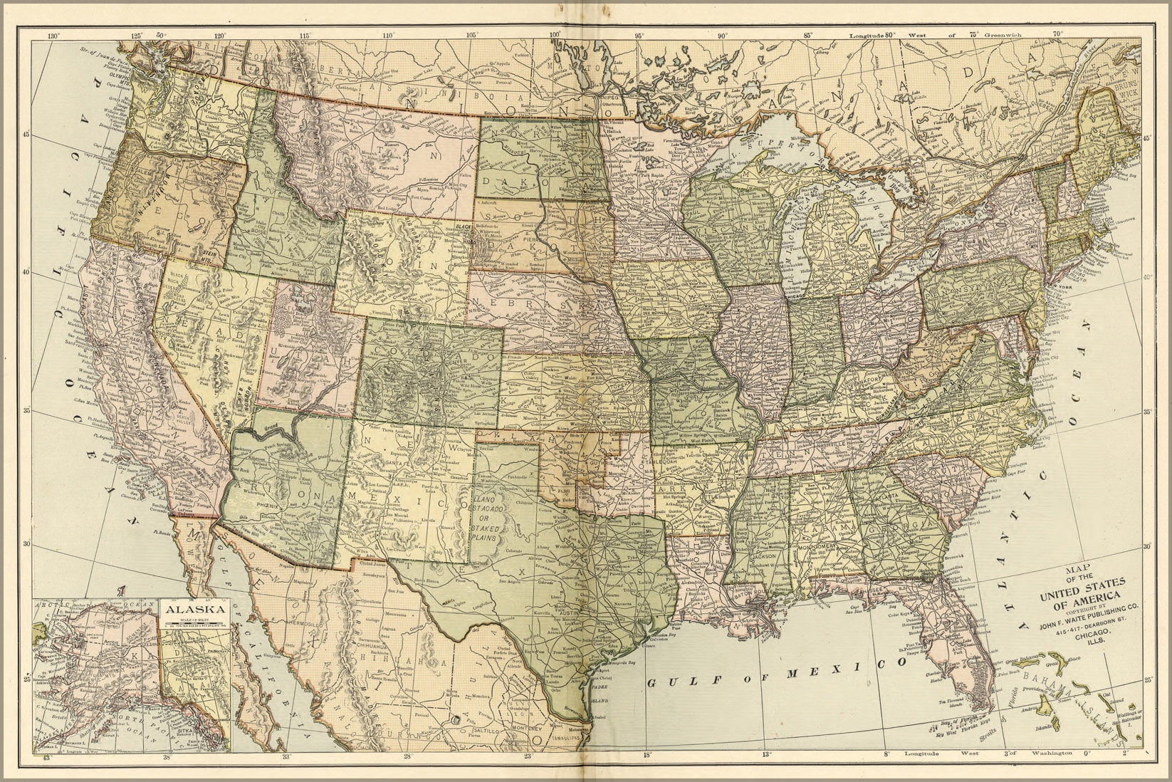 24"x36" Gallery Poster, map of the united states of america 1896 ...