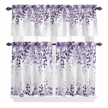 3 Piece Kitchen Curtains and Valances Set Purple Cafe Curtains 24 Inch ...
