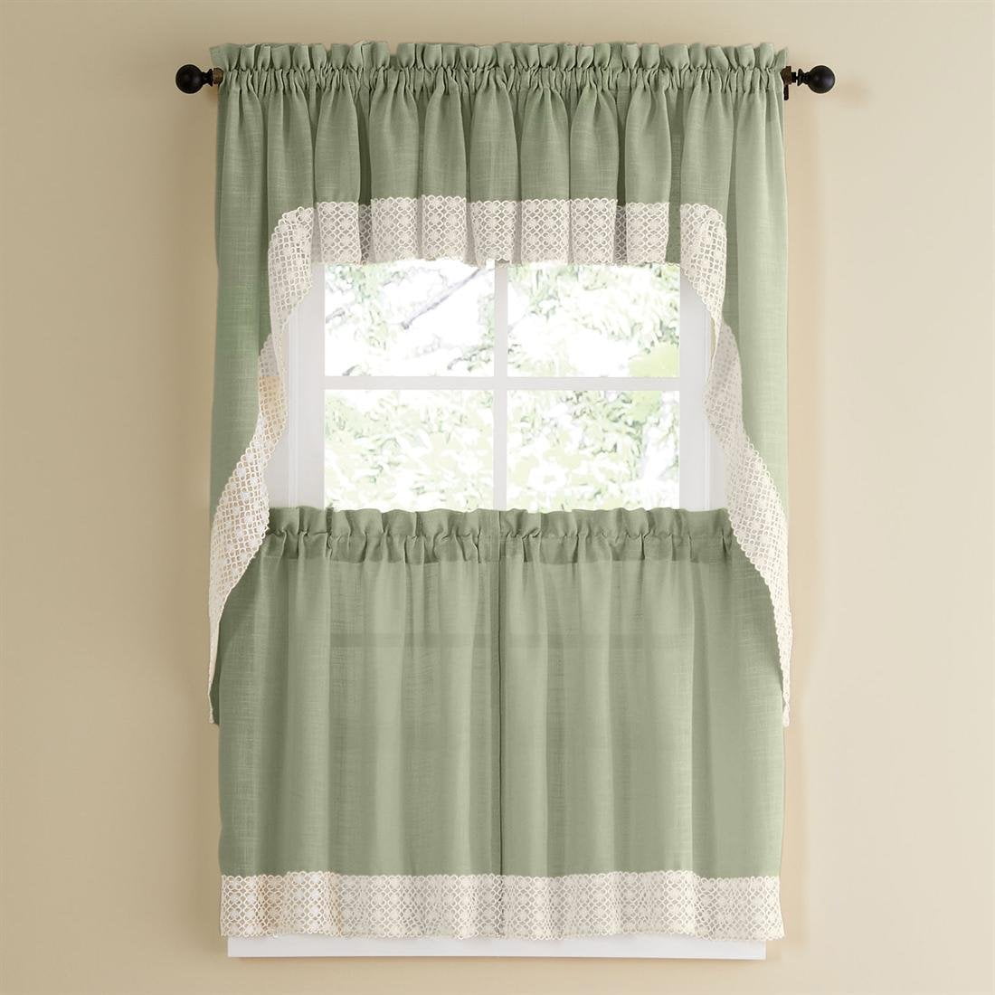Salem Kitchen Window Curtain 24" Tiers Swags & Valance Set Sage w/ Lace ...
