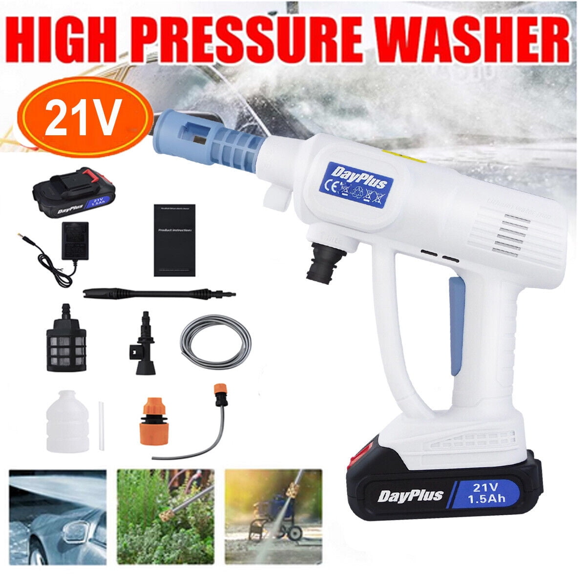 Bowoshen 21V Cordless Electric High Pressure Water Spray Car Gun Washer ...