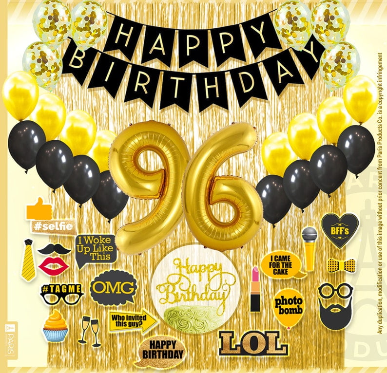 96th Birthday Decoration Black and Gold for Boy & Girl, 96th Cake Topper, 96th Party Supplies ...