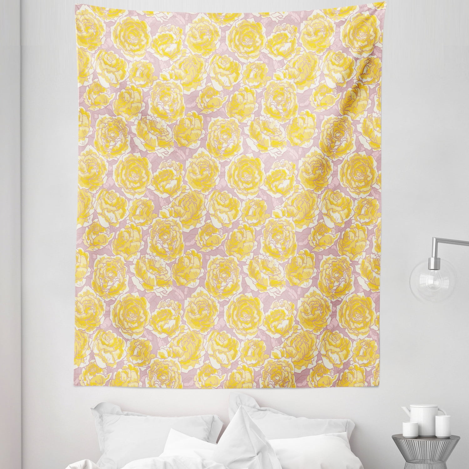 Flower Tapestry, Hand Drawn Romantic Yellow Roses Blooming in Spring ...