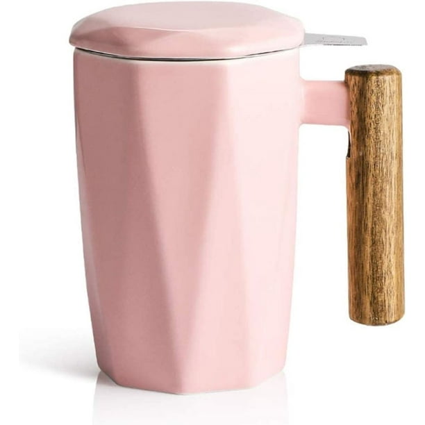 SWEEJAR Porcelain Tea Mug with Infuser and Lid, Wooden Handle, 17 Ounce ...