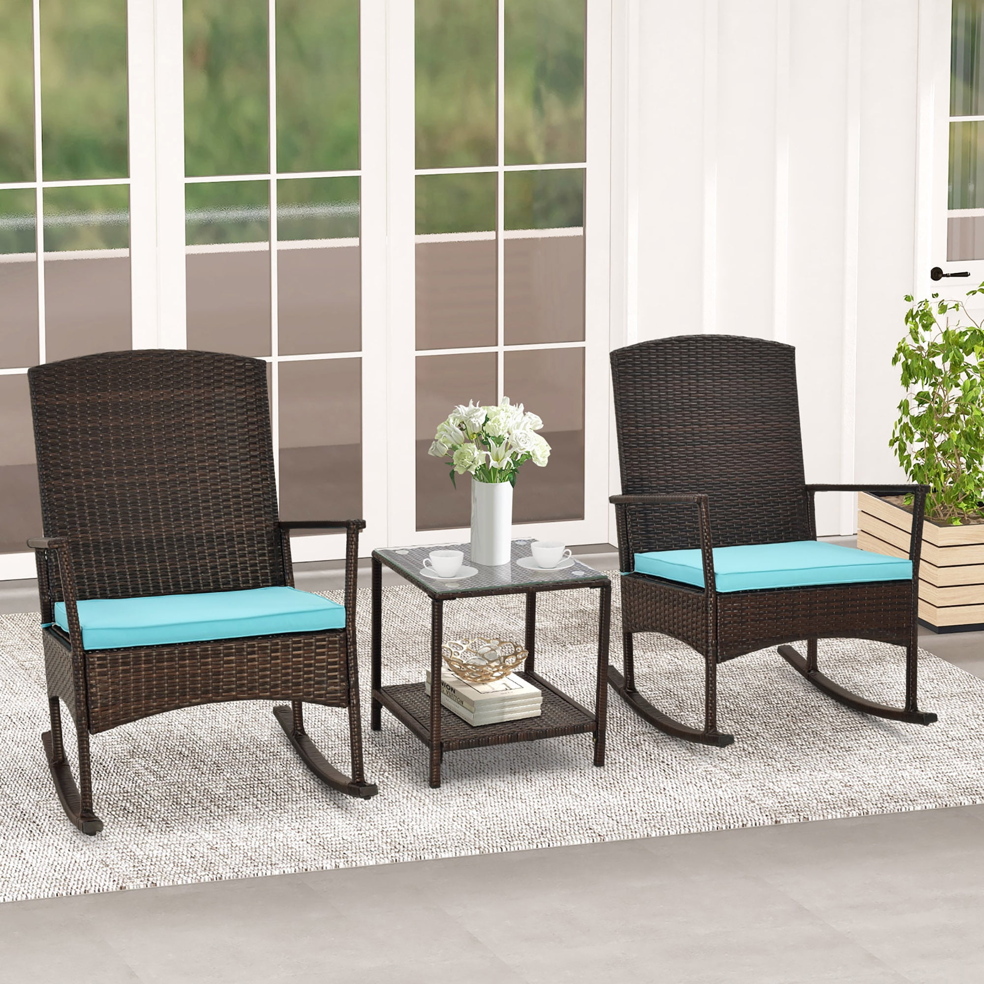 Click here for Gymax 3 Pieces Rocking Wicker Bistro Set Outdoor F... prices