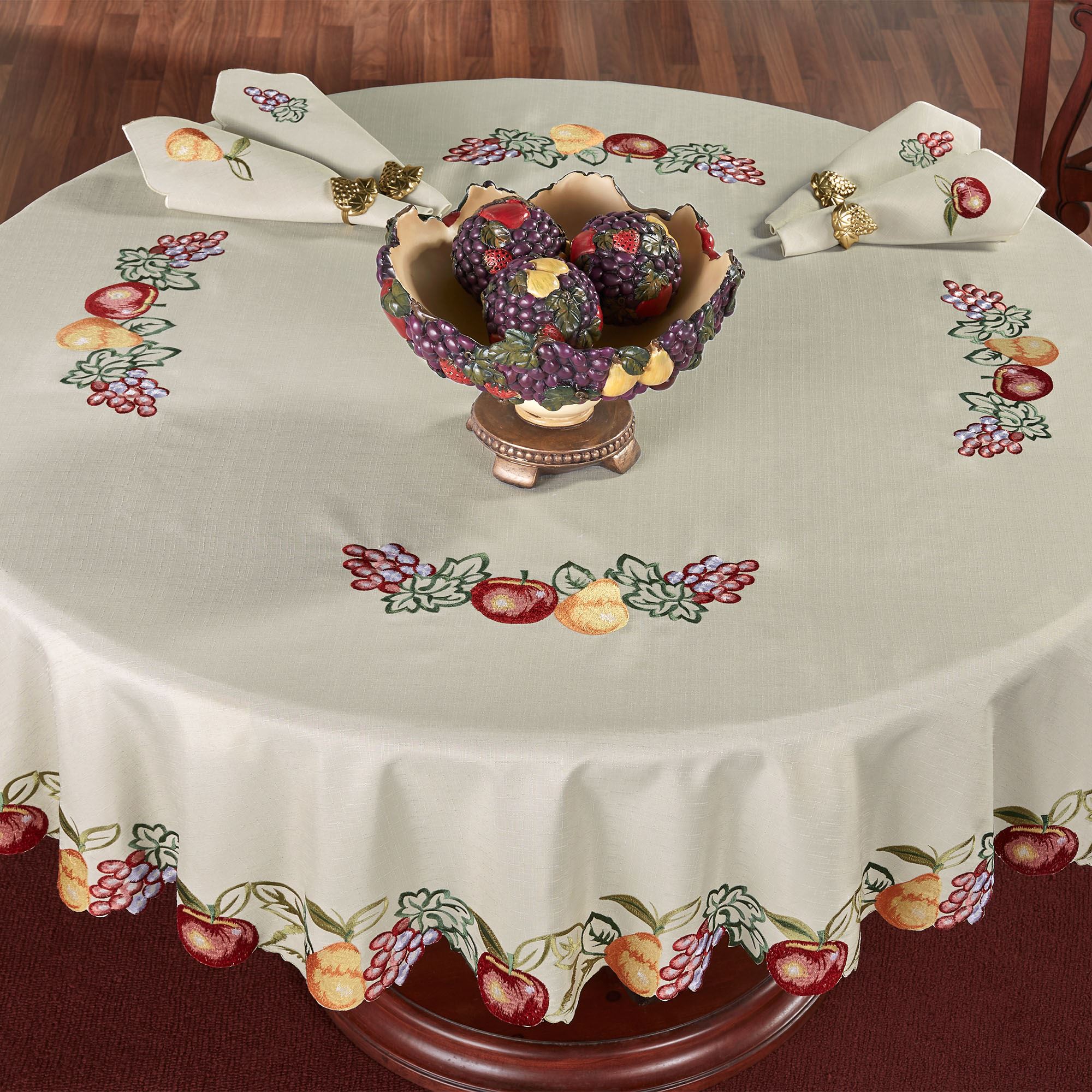 Fruitful Embroidered Oatmeal Dining Table Linens 70 Inch Round ...