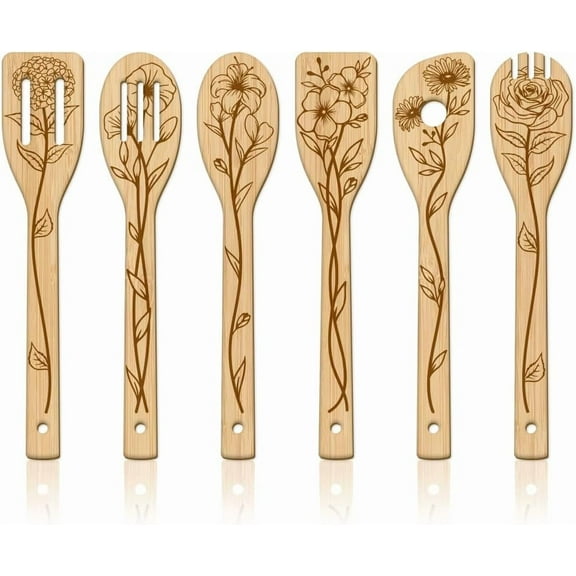 6Pcs Wedding Bamboo Cooking Utensils Wooden Engraved Cooking Spoons Set ...
