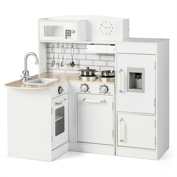 Costway Kids Corner Kitchen Playset Wooden Play Kitchen with Microwave ...
