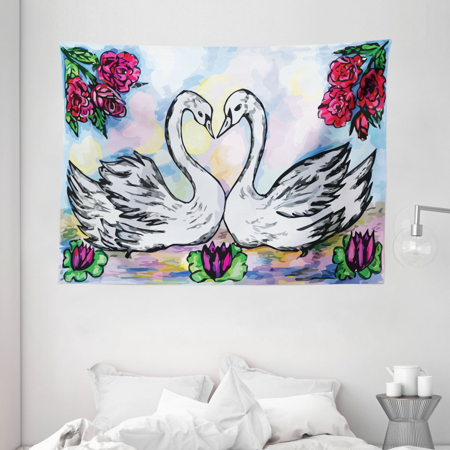 Swan Tapestry, Grunge Style Sketch Image of Lover White Swan Partners ...
