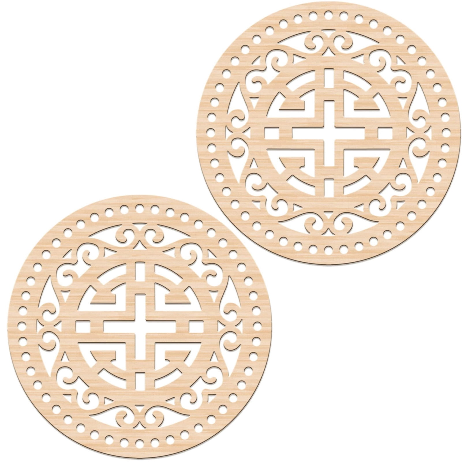 Farfi 2Pcs Crochet Wood Bases Unpainted Floral Pattern Round Hollow ...